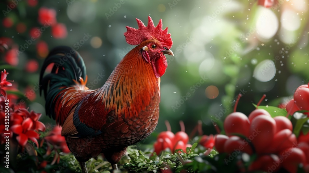Big red rooster, transparent red crown, long black tail feathers ...