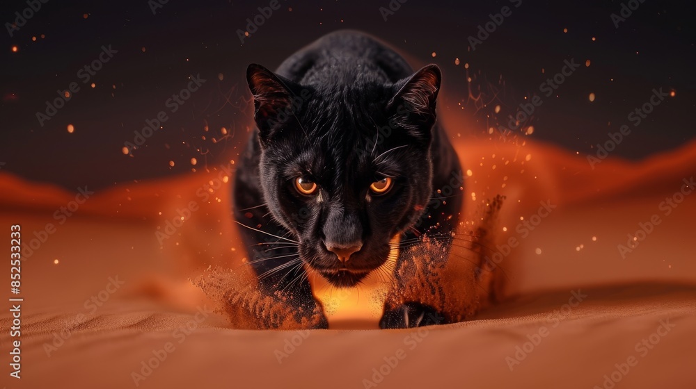 Black panther with glowing eyes and melting body, claws ready, emerging ...