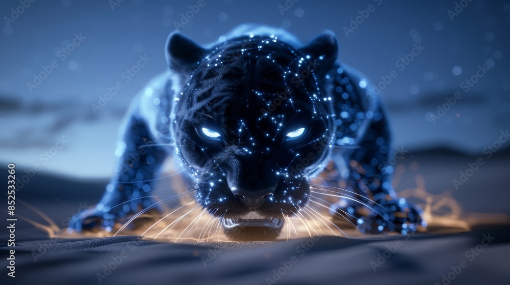 Black panther with glowing eyes and melting body, claws ready, emerging ...