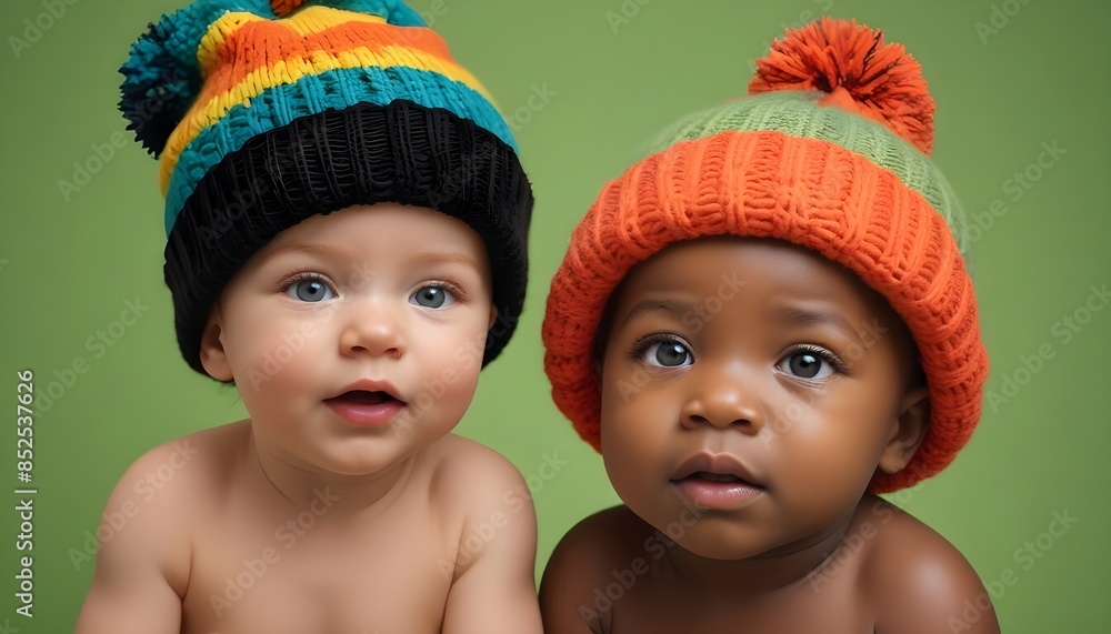 Multiethnic babies dressed in diverse colours on an isolated green ...