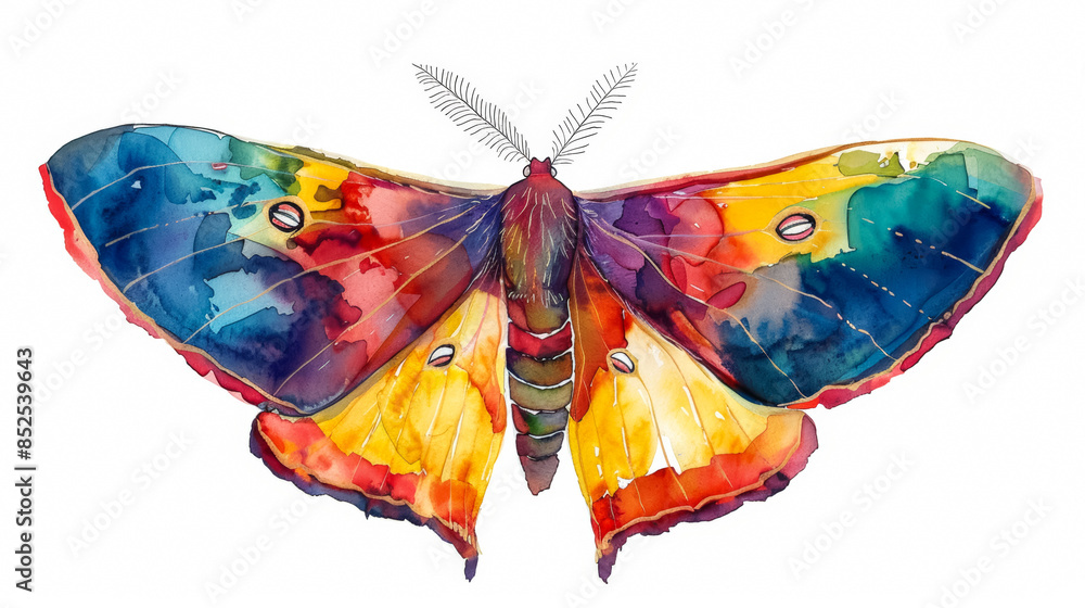 A radiant sunset moth with iridescent wings in a rainbow of hues ...