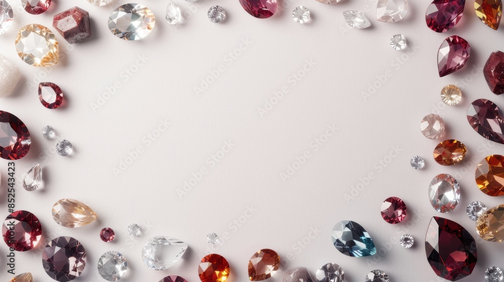 Collection of multicolored gemstones arranged in a border on a white ...