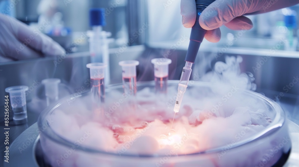 Vial with dry ice for cryopreservation. Cryosample of stem cells in ...