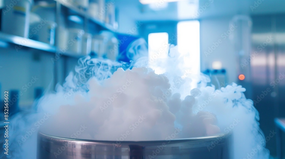 Vial with dry ice for cryopreservation. Cryosample of stem cells in ...