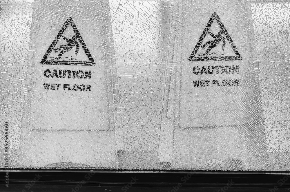 Warning Through Chaos. Wet Floor Caution Sign Behind Damaged Glass ...