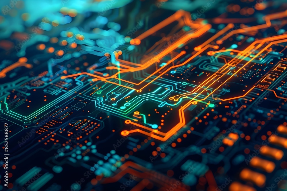 3D rendering of a circuit board with orange and blue glowing lines ...
