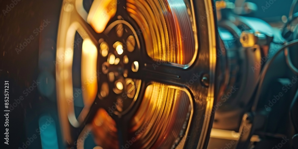Close-up of a film reel being threaded into a vintage projector ...