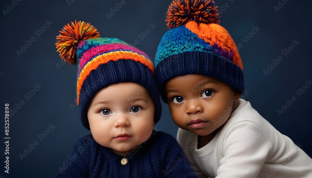 Multiethnic babies dressed in diverse colours on an isolated dark blue ...
