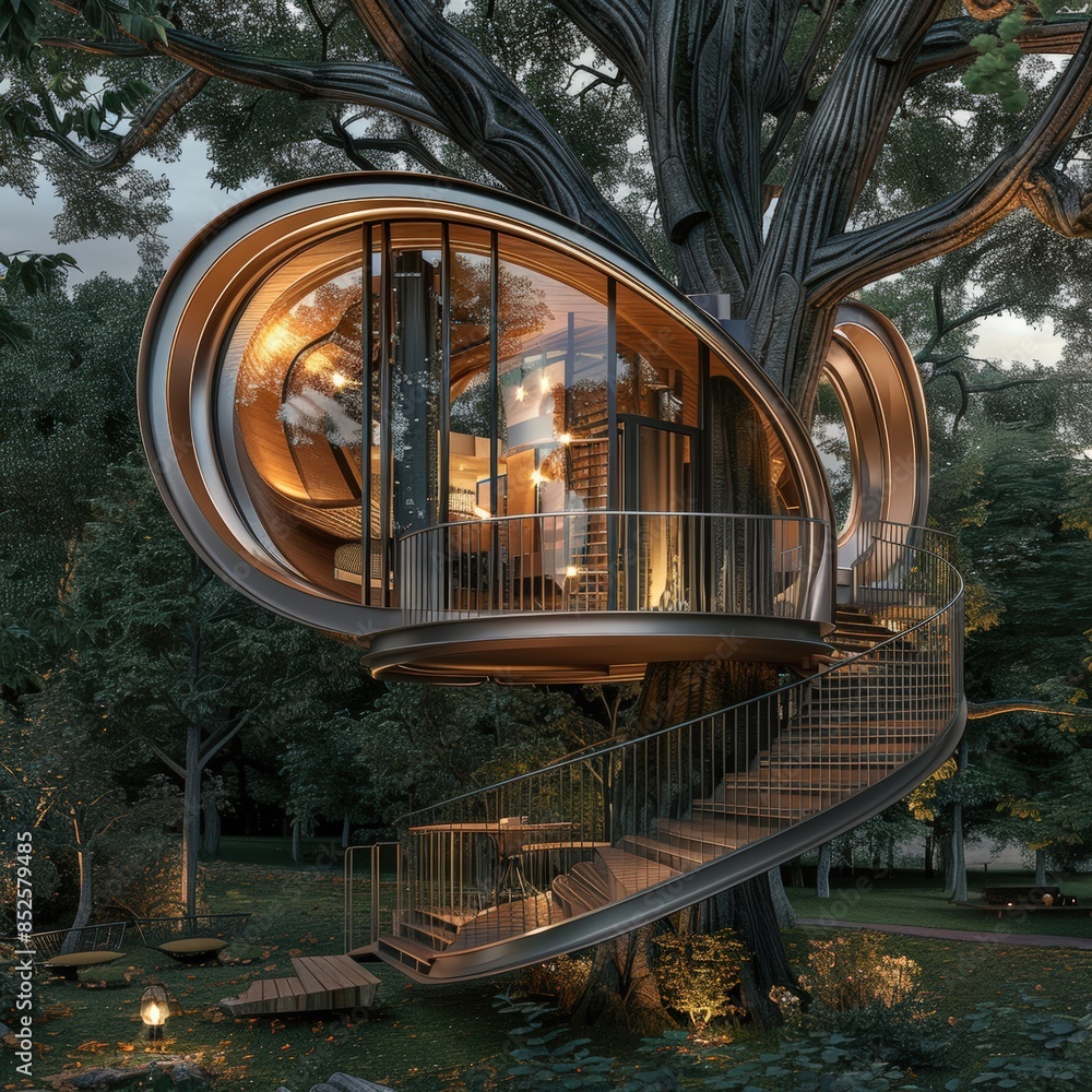 Modern treehouse with unique architecture and curved glass walls in a ...
