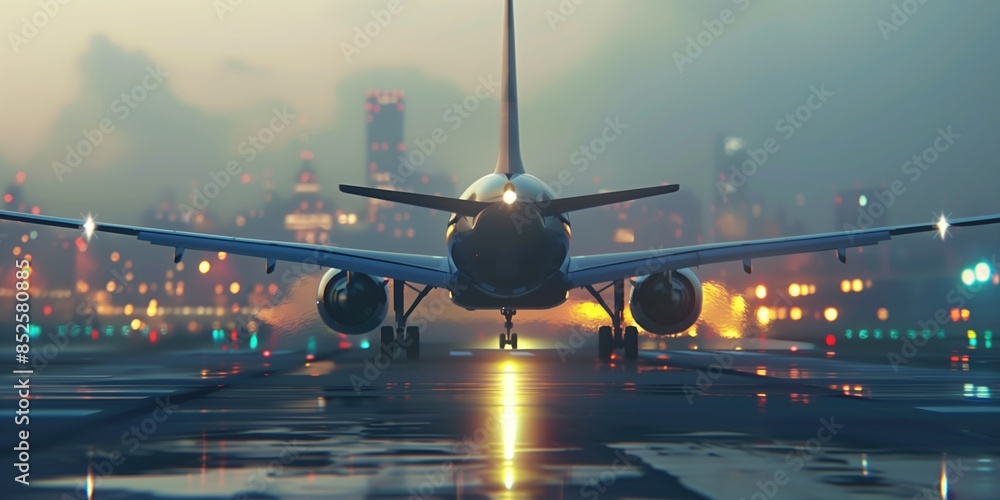 Airplane taking off from the airport runway early in the morning AI ...
