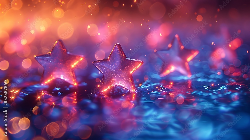 An abstract scene with holographic stars on a reflective surface ...