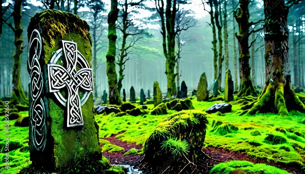 Enchanting view of Celtic stone monuments in a lush, mystical forest ...