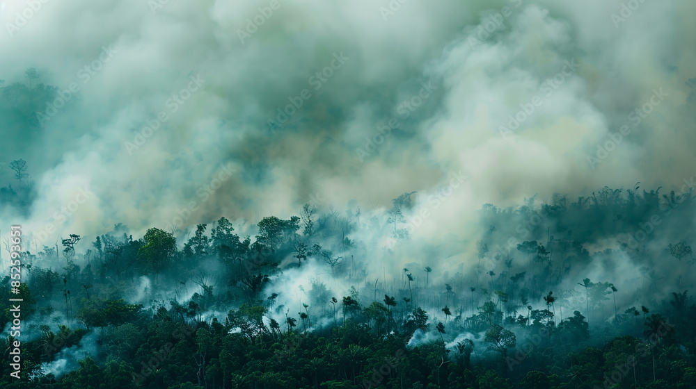 Dense smoke rising from raging wildfires in a forest, symbolizing the ...