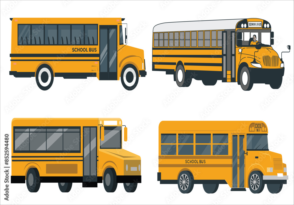 Yellow School Bus Viewed from Different Angles Vector Set. large ...