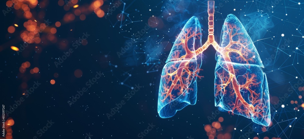 3D rendering of lungs showing detailed airways and glowing connections ...