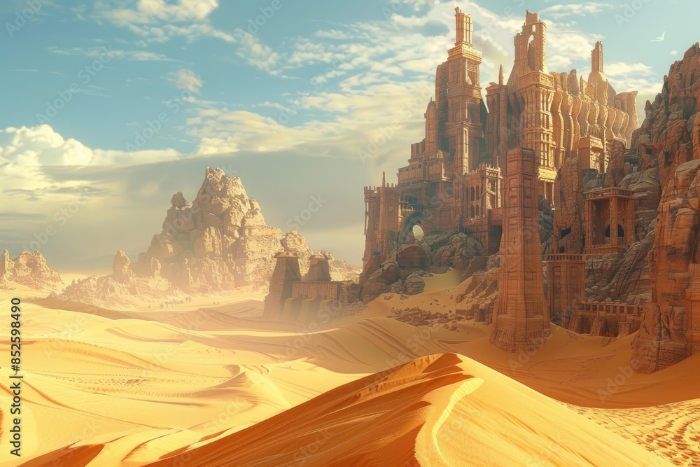 Majestic Desert Castle Amidst Sand Dunes in a Mythical Landscape ...