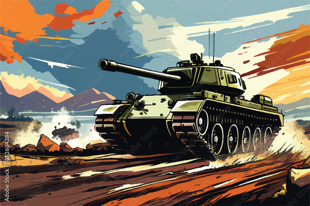 Illustration of a Army tank on battlefield. A Battlefield Landscape ...