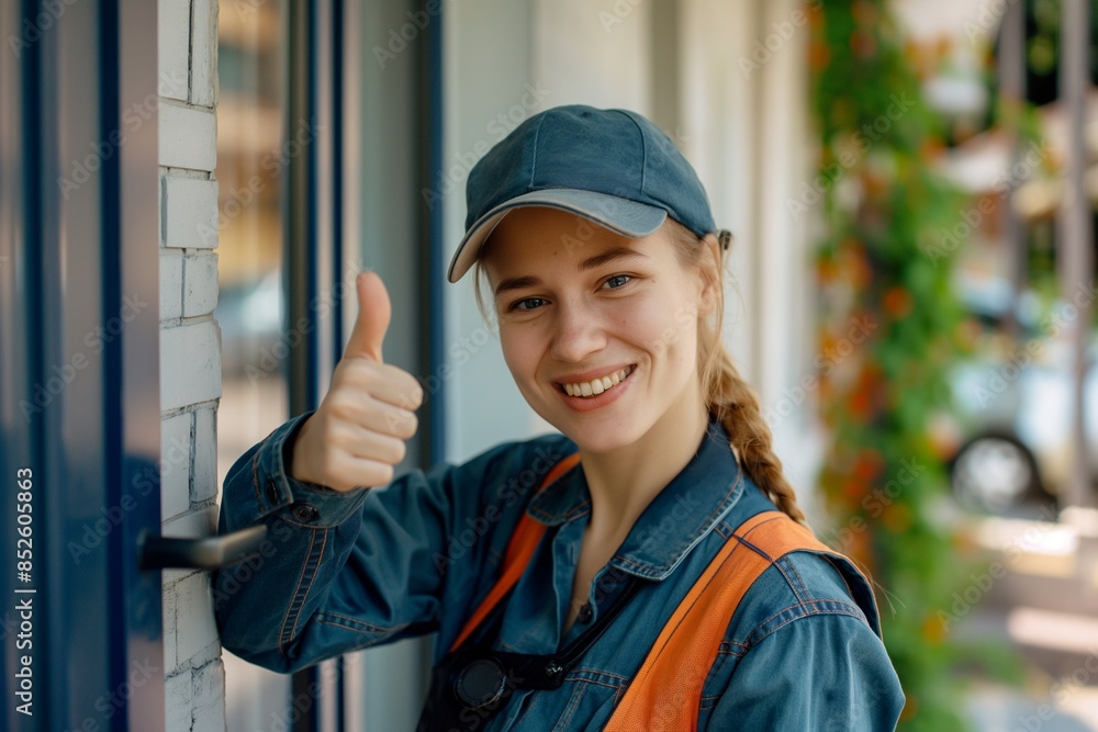 Female plumber showing a thumb-up at the home, A Female Plumber Giving ...