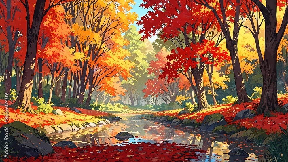 Autumn trees forest Anime style illustration, flat art, lo-fi anime ...