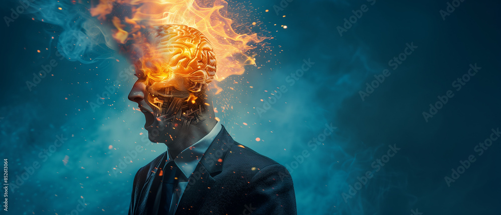 Mind-blowing idea, head explosion illustration of businessman in chaos ...