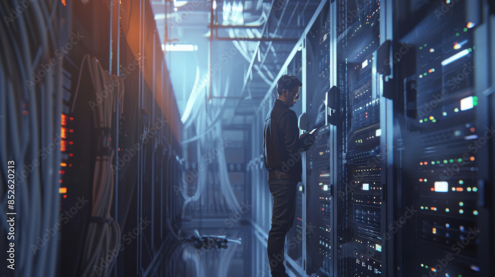 Inside a high-tech server room bathed in blue and orange hues, a ...