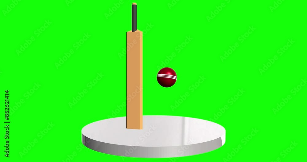 3d cricket bat rotating and ball bouncing animation on white round ...