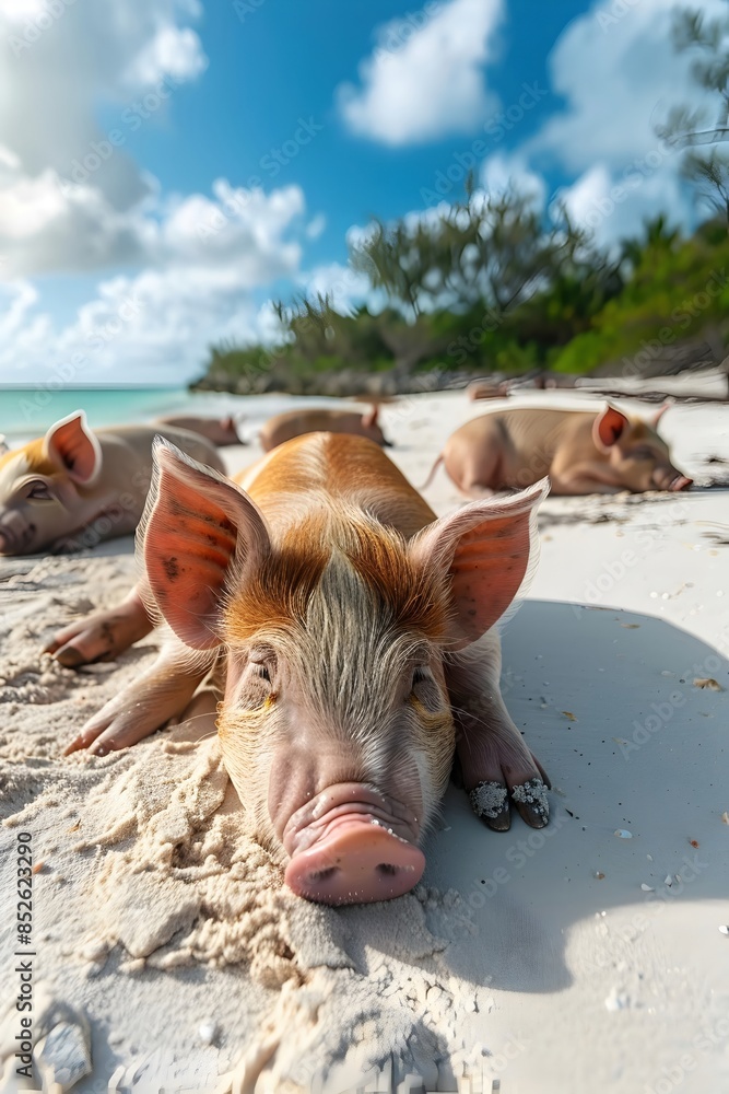 ภาพประกอบสต็อก Enchanting Pigs Explore the Pristine Beaches of Bahamas ...