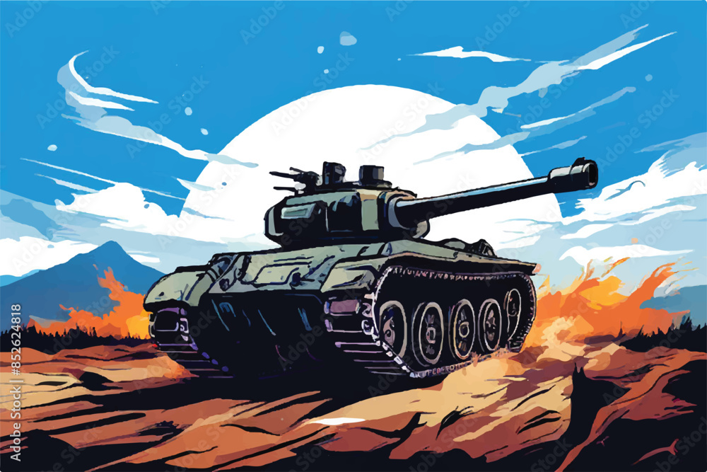Tank. Illustration of a Army tank on battlefield. A Battlefield ...