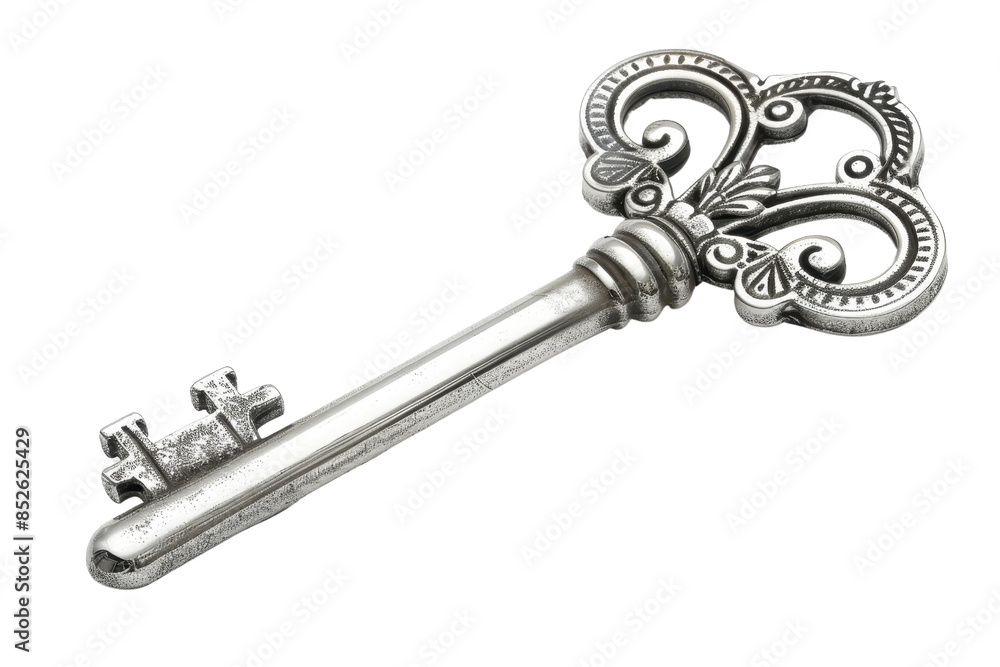 Intricately designed, antique silver key with ornate details, isolated ...