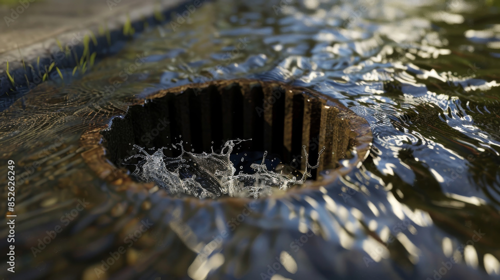 Water swirls dynamically around a drain hole, creating captivating ...