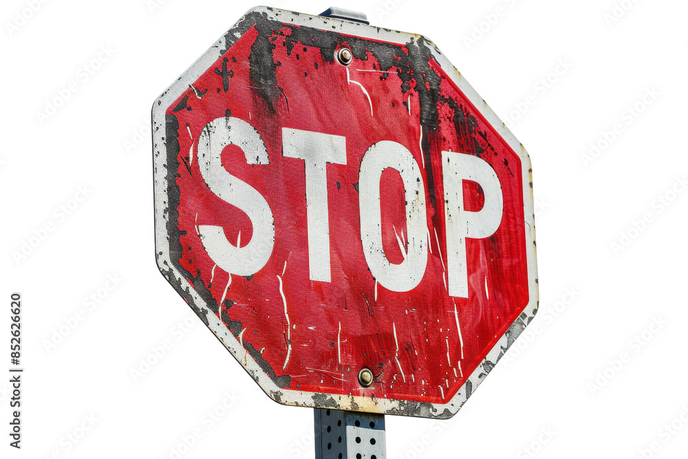 Rusty weathered old stop sign with peeling paint, isolated on ...