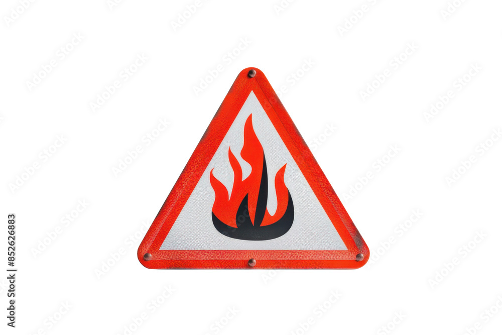 Triangular fire warning sign with red border and flame symbol, isolated ...