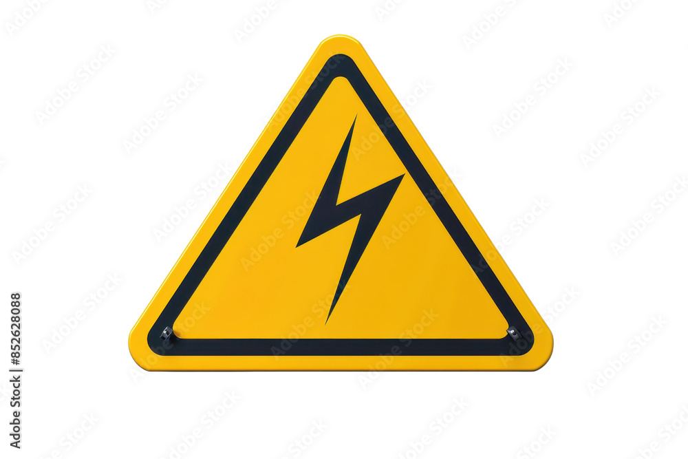 Yellow triangle warning sign with black lightning bolt icon indicating electrical hazard or high ...
