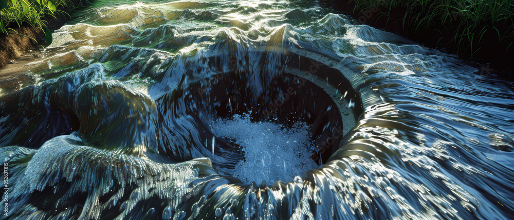 Water whirling energetically into a drain in a natural setting ...