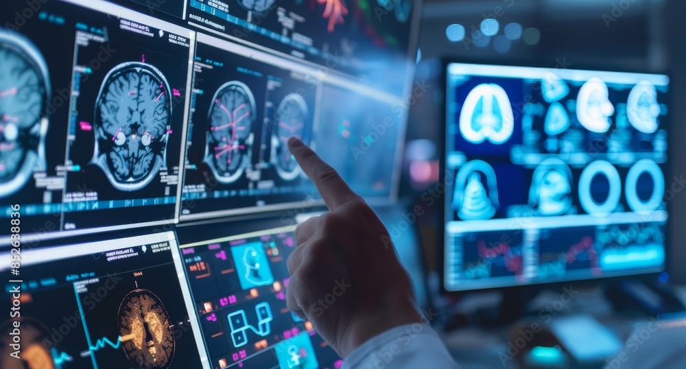 Closeup of hands pointing at an advanced computer screen displaying ...