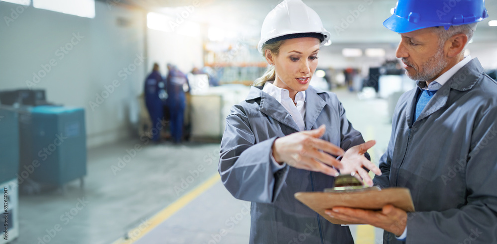 Factory, staff and checklist with clipboard for quality inspection or ...