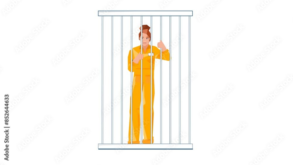 2D Animation of a Female Prisoner Stands Behind Bars in a Cell. The ...