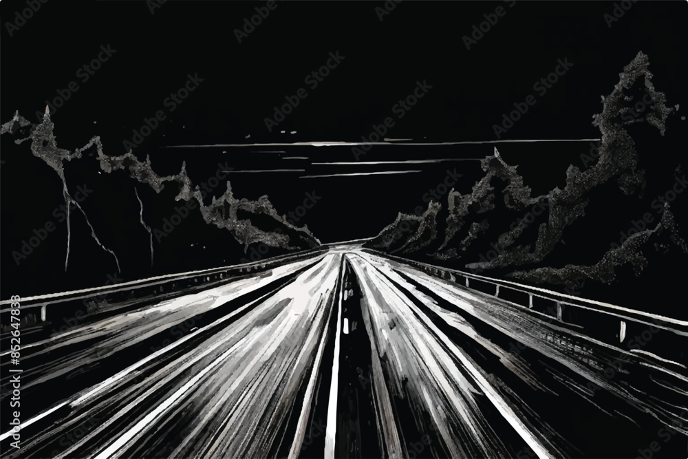 Black and white Highway Sketch Illustration Background. Road hand drawn ...