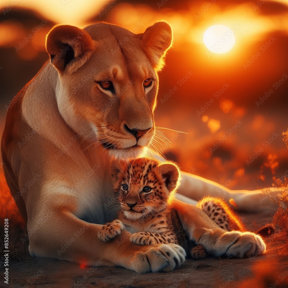 A heartwarming scene of a lioness tenderly embracing her cub during a ...