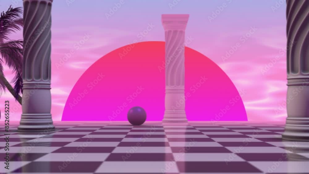 4K Retro background with checkerboard floor, columns and purple sky. 3D ...