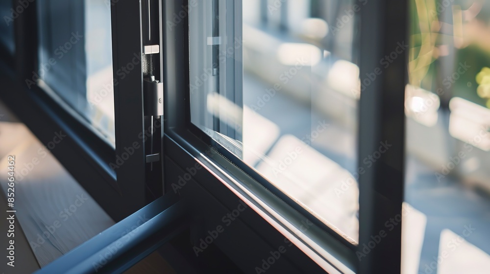 Modern casement window, close-up, slim metal frame, clear glass ...