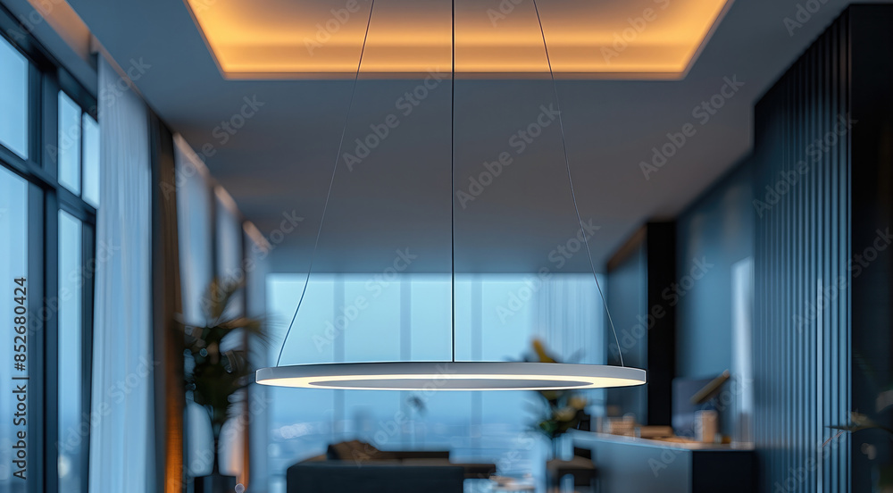 Large White ceiling light hanging on 4 vertical wires, ellipse shape ...