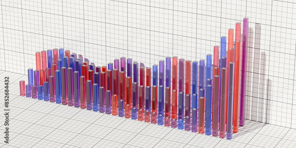 Bar graph from red and blue graph cubes on white graph paper background ...