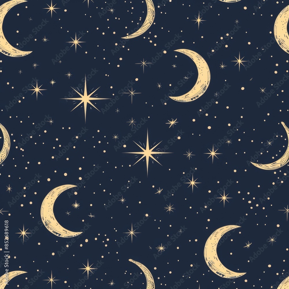 Elegant celestial pattern with gold crescent moons and stars on a dark ...