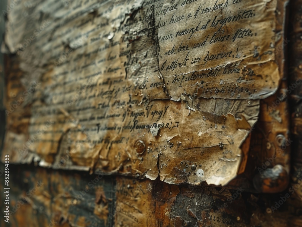 Aged and weathered ancient manuscript paper with handwritten text ...