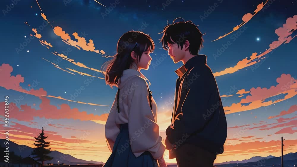 A tender romantic moment between two anime characters, set against a ...