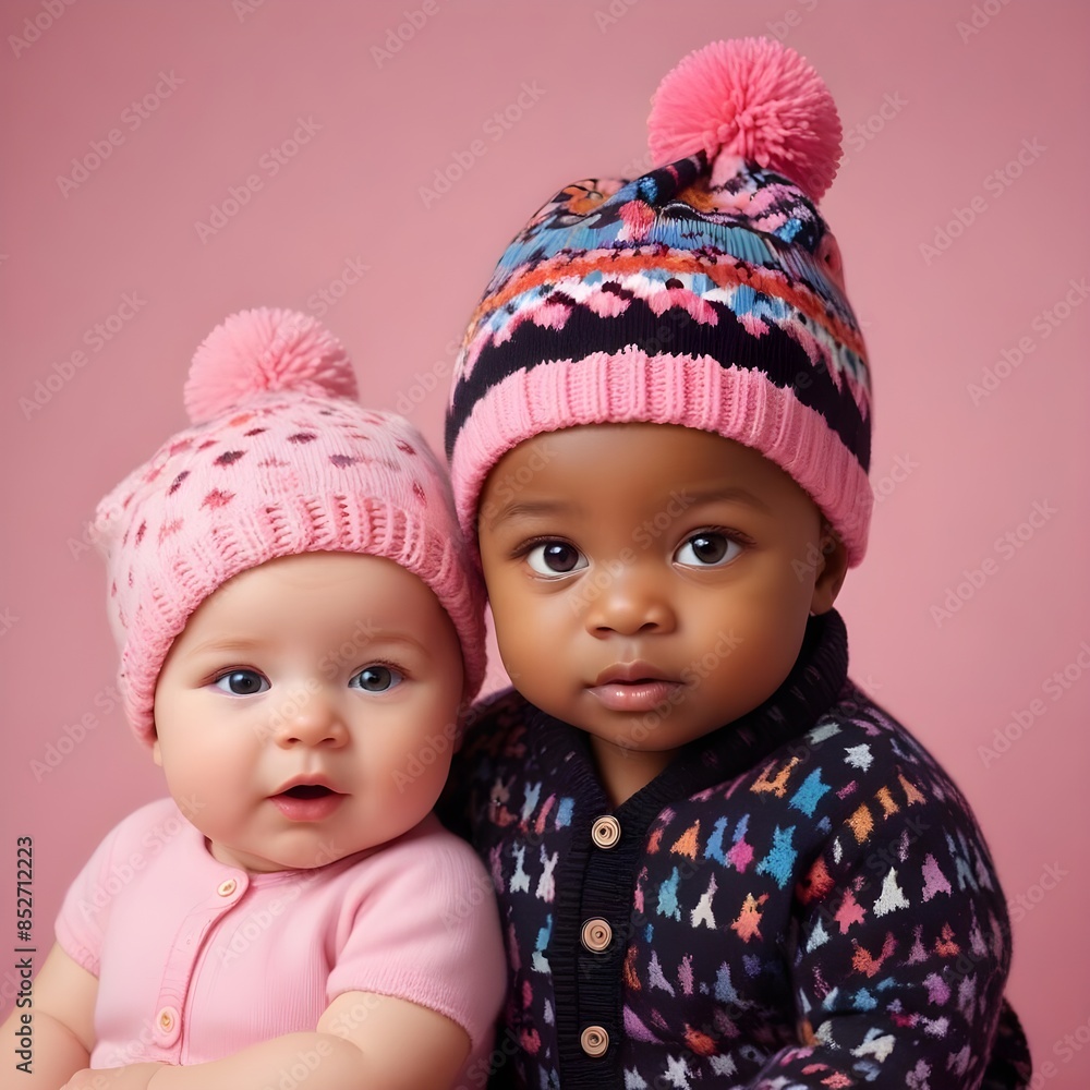 Multiethnic babies dressed in diverse colours on an isolated pink ...