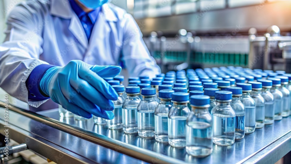 Sterile blue-gloved hands arrange vaccine vials and glass bottles on a ...