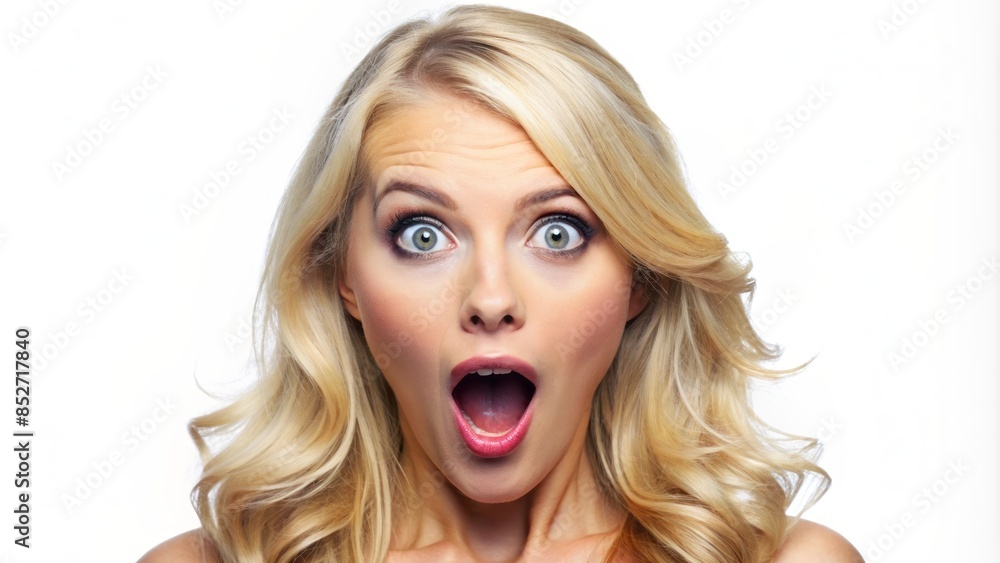 Stunning blonde woman's astonished face isolated on white, mouth agape ...