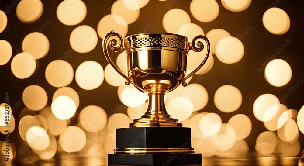 Vidéo Stock Golden trophy cup with sparkling festive background. Symbol ...